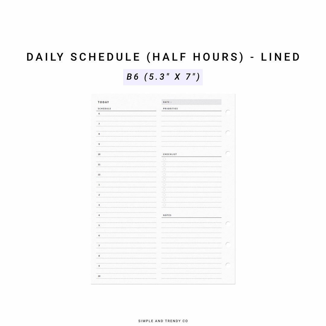 Daily Planner Printable B6 Size, Daily Planners Half Hour, Daily Agenda ...