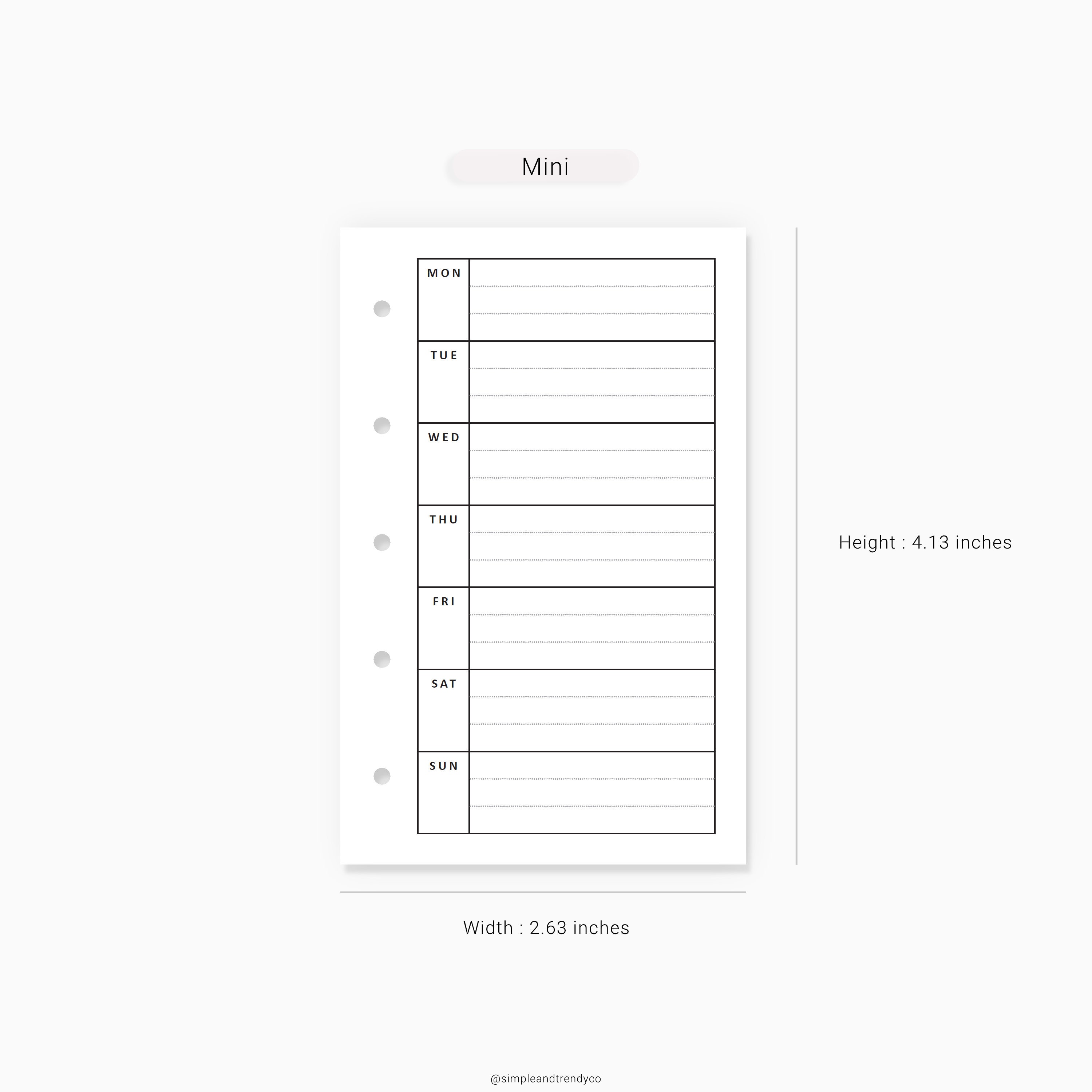 Week on One Page Weekly Planner Pages Mini Size Filofax | Etsy