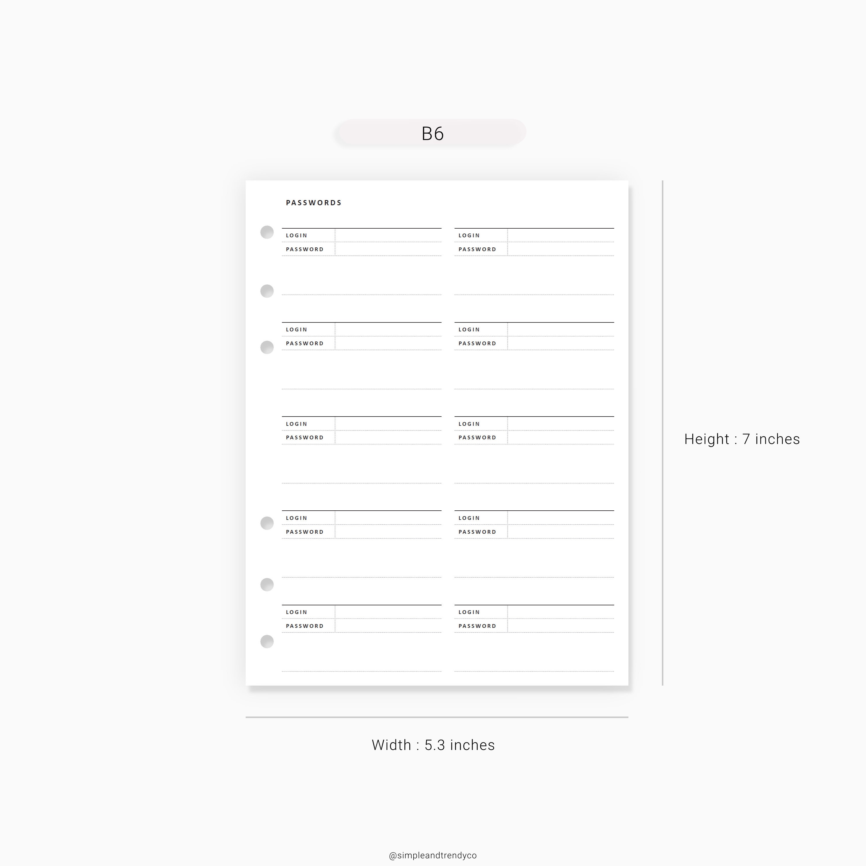 Printable Password Log B6 Inserts Password Keeper Password | Etsy