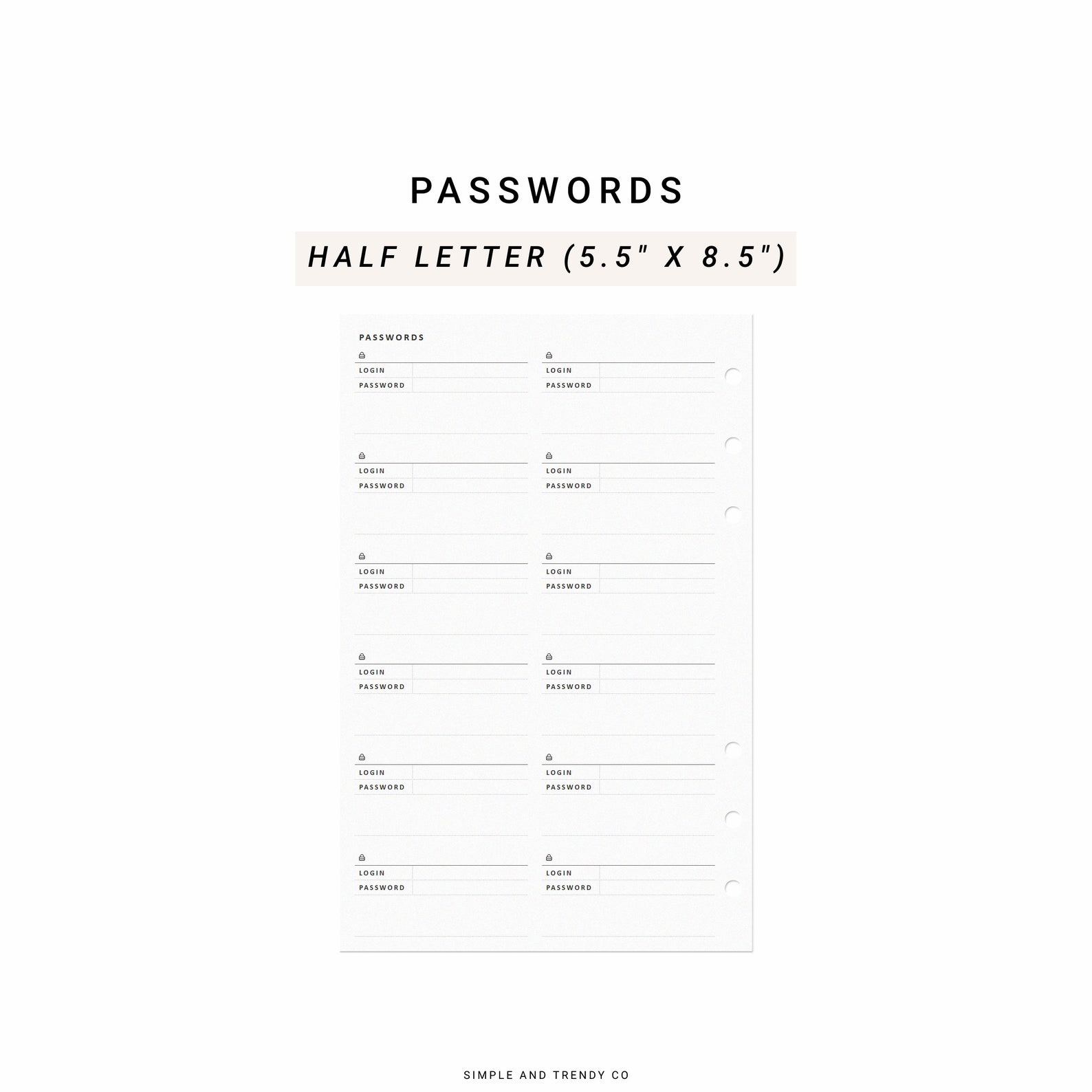 Printable Password Log Half Size Half Letter Inserts Password - Etsy