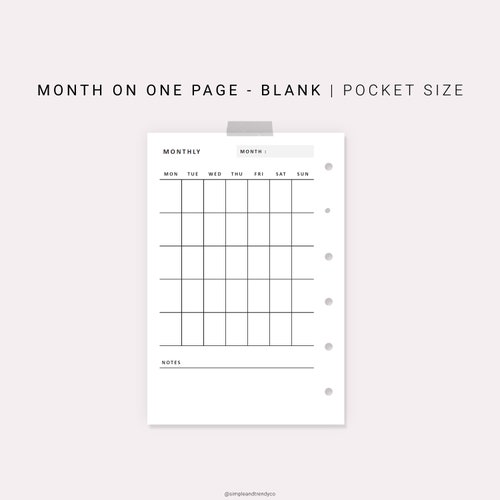 Month on One Page MO1P Pocket Size Undated Monthly Planner | Etsy