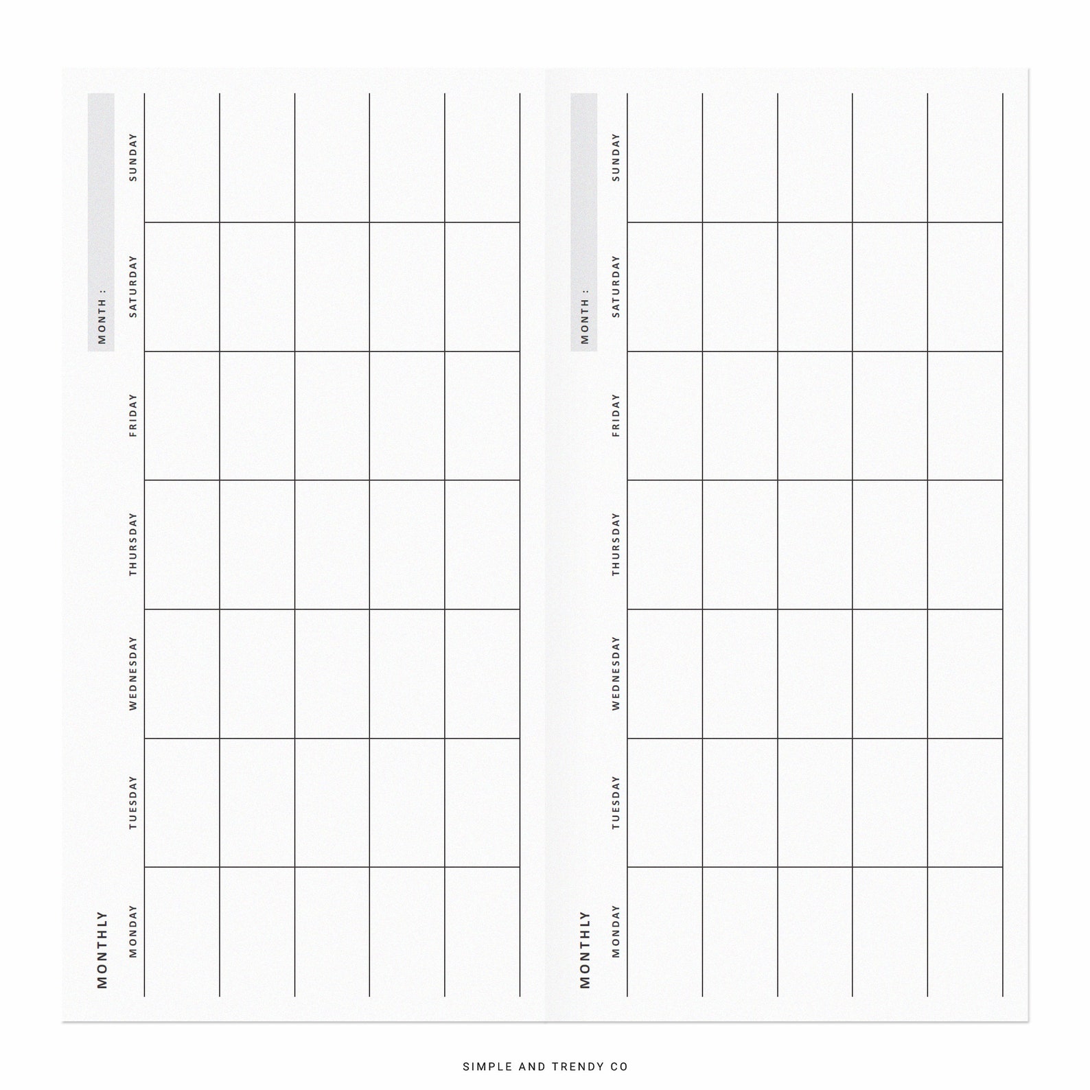 Month on One Page Horizontal Printable MO1P Hobonichi Weeks TN - Etsy