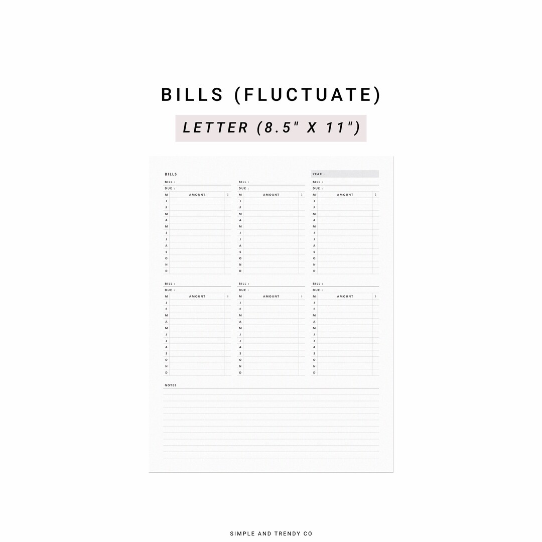Bill Tracker Printable US Letter Size, Bill Organizer Bill Due Planner ...