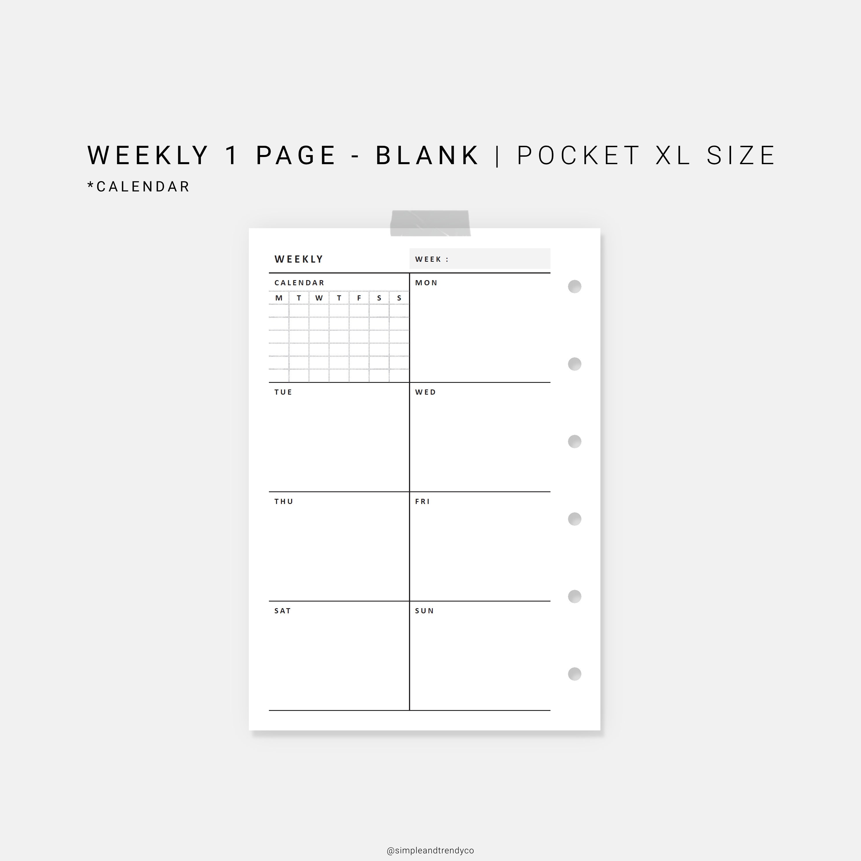 Week on One Page Printable Pocket XL Weekly 1 Page Vertical | Etsy
