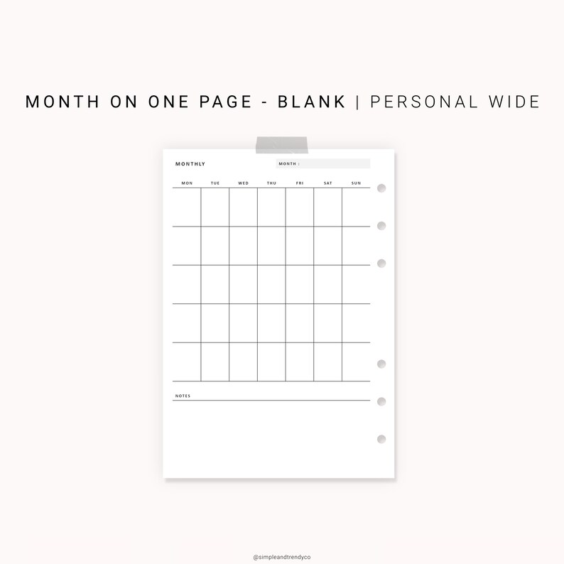 Month on One Page MO1P Personal Wide Undated Monthly Planner | Etsy