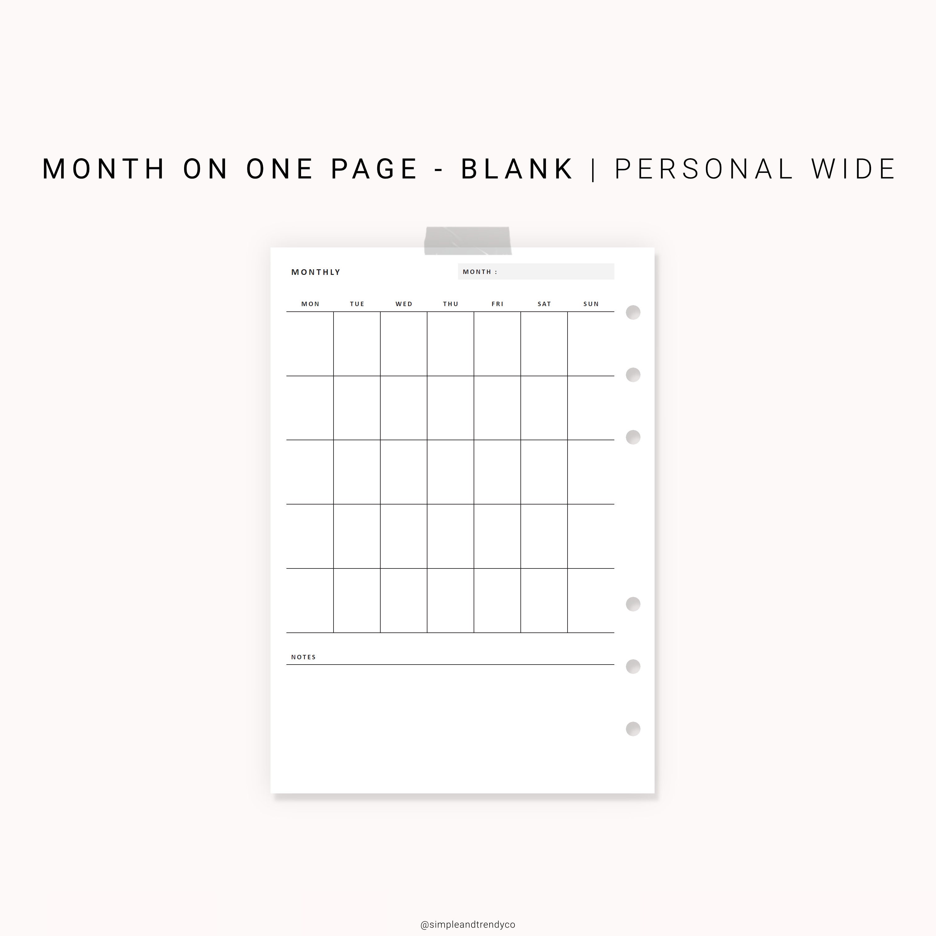 Month on One Page MO1P Personal Wide Undated Monthly Planner | Etsy