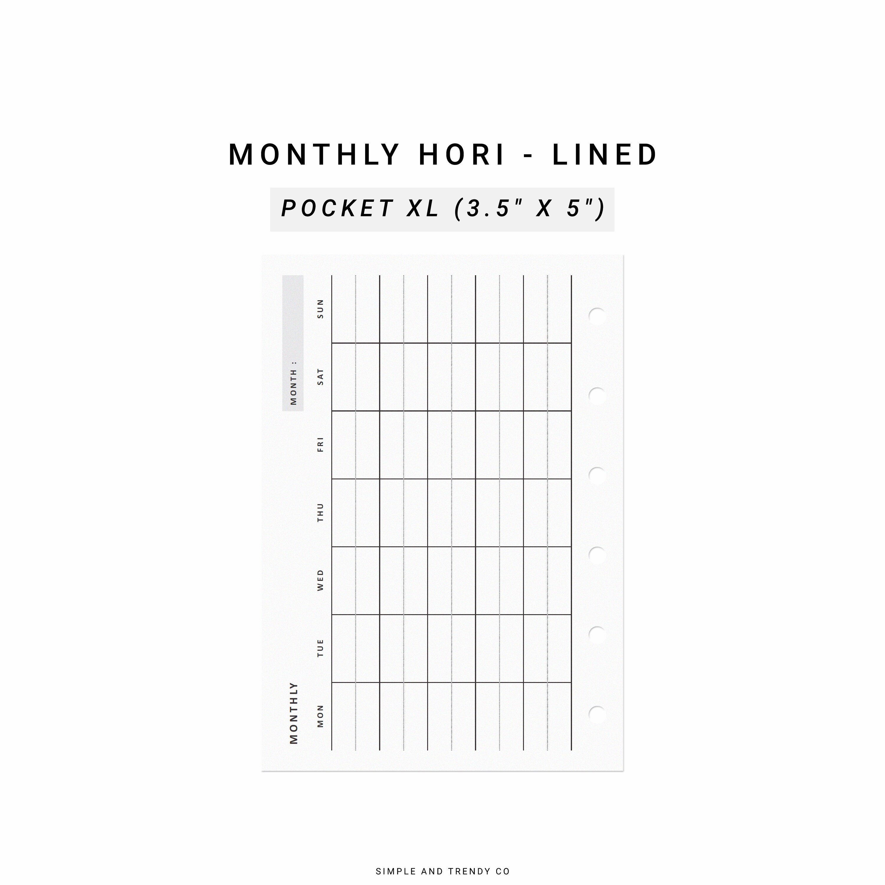 Month on One Page Horizontal Printable MO1P Pocket XL - Etsy