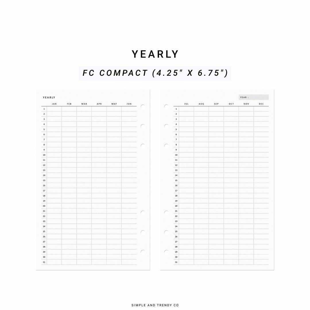 Yearly Vertical Planner 2 Page FC Compact, Printable Yearly Overview, Undated Year Planner ...