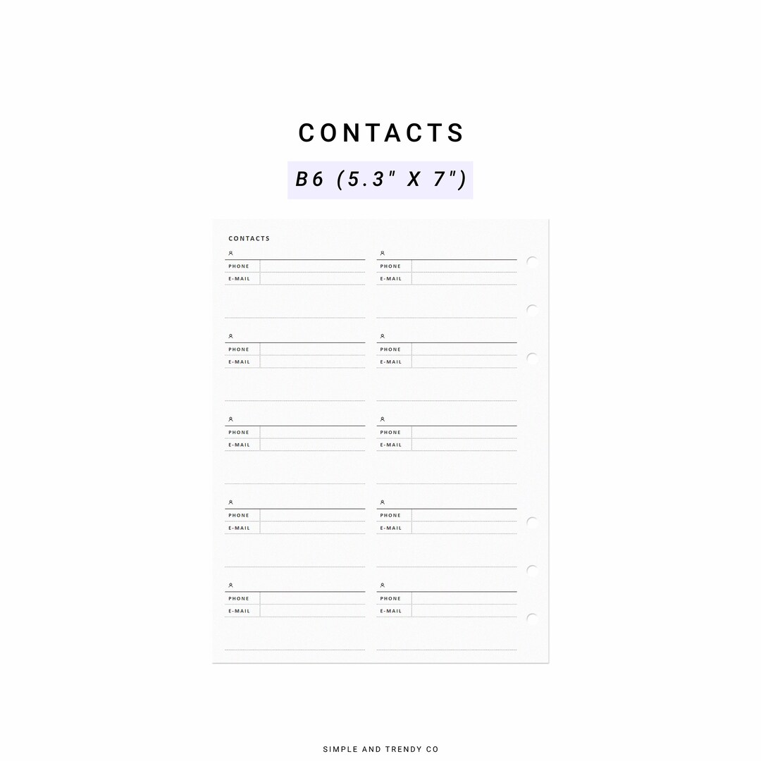 B6 Inserts Printable Contacts List, Emergency Contacts, Contact Information Sheet, Contact ...