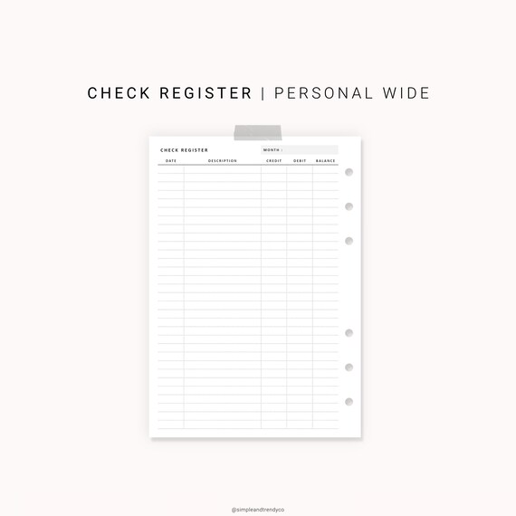 Checking Register Personal Wide Checkbook Register Printable | Etsy