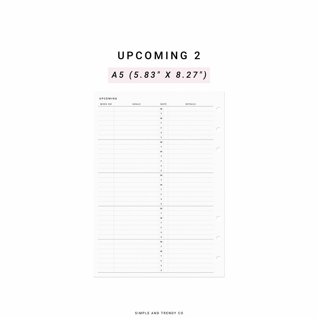 Upcoming Tasks Upcoming Events A5 Planner Inserts Weekly at - Etsy