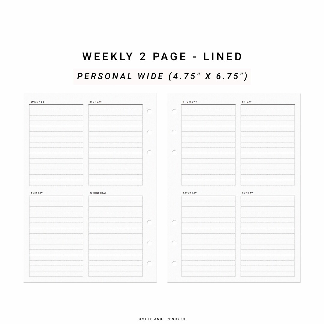 Week on 2 Two Pages Personal Wide, Weekly Agenda Vertical Weekly ...