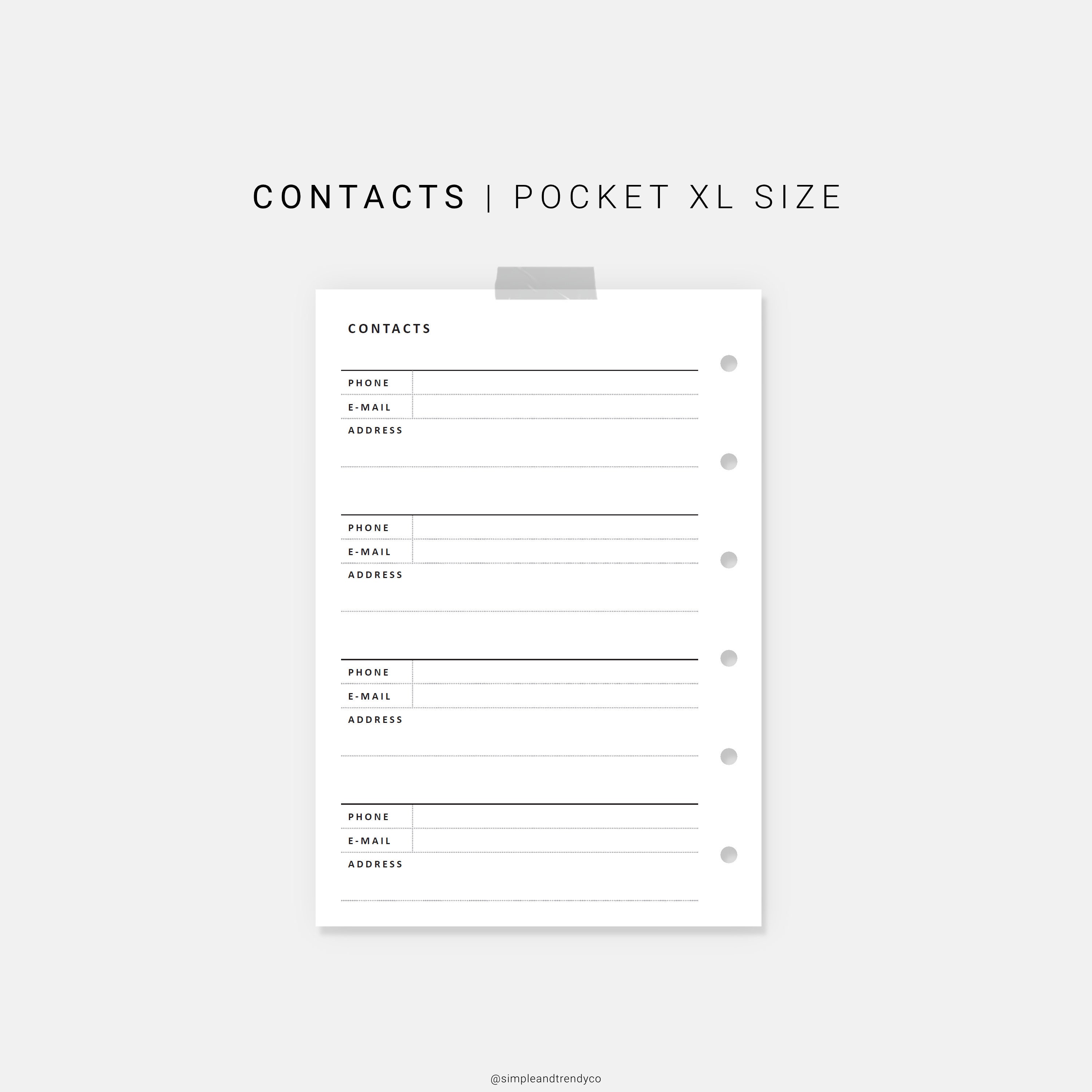 Printable Contacts List Pocket XL Emergency Contacts Contact | Etsy
