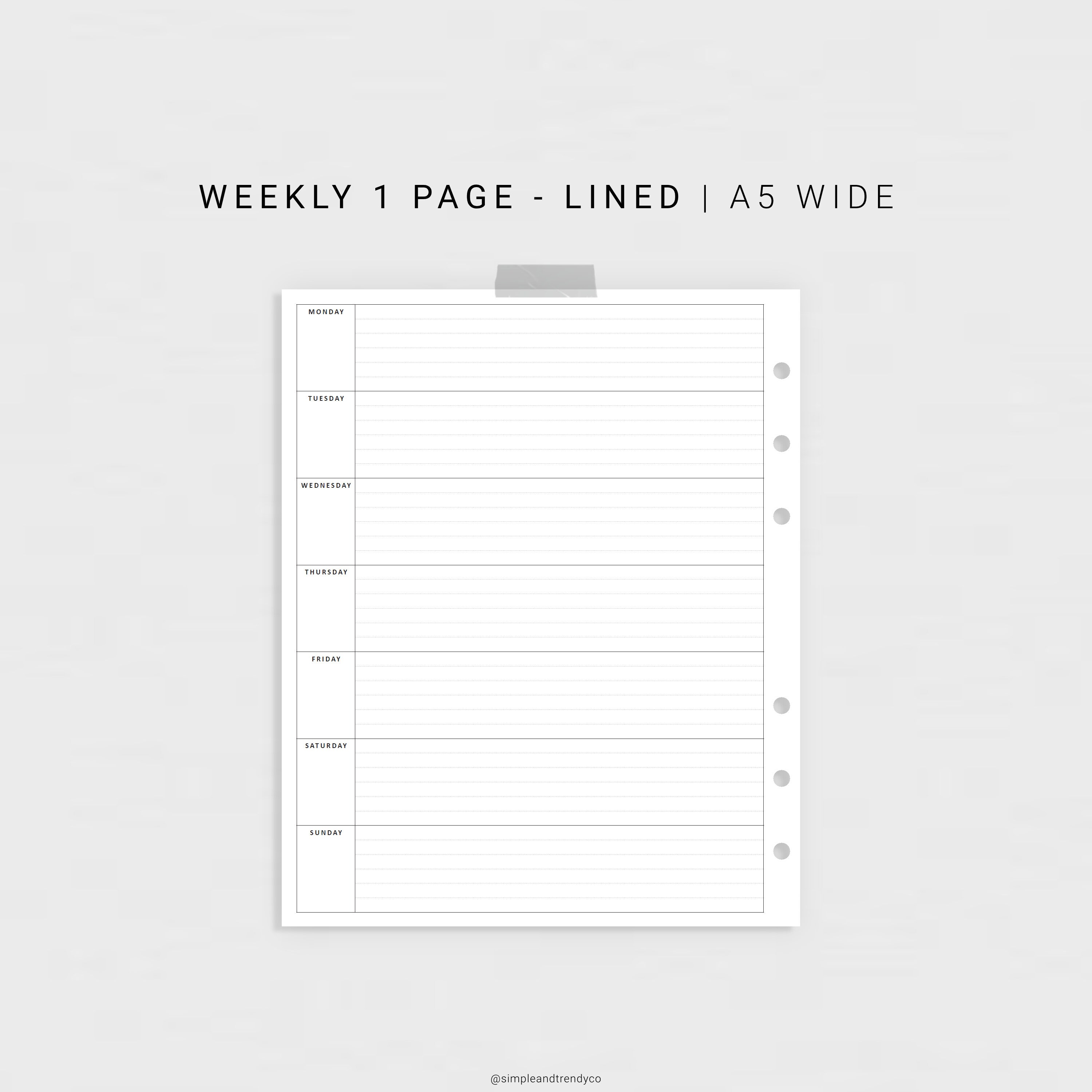 Weekly on One Page Weekly Planner Pages Printable A5 Wide | Etsy
