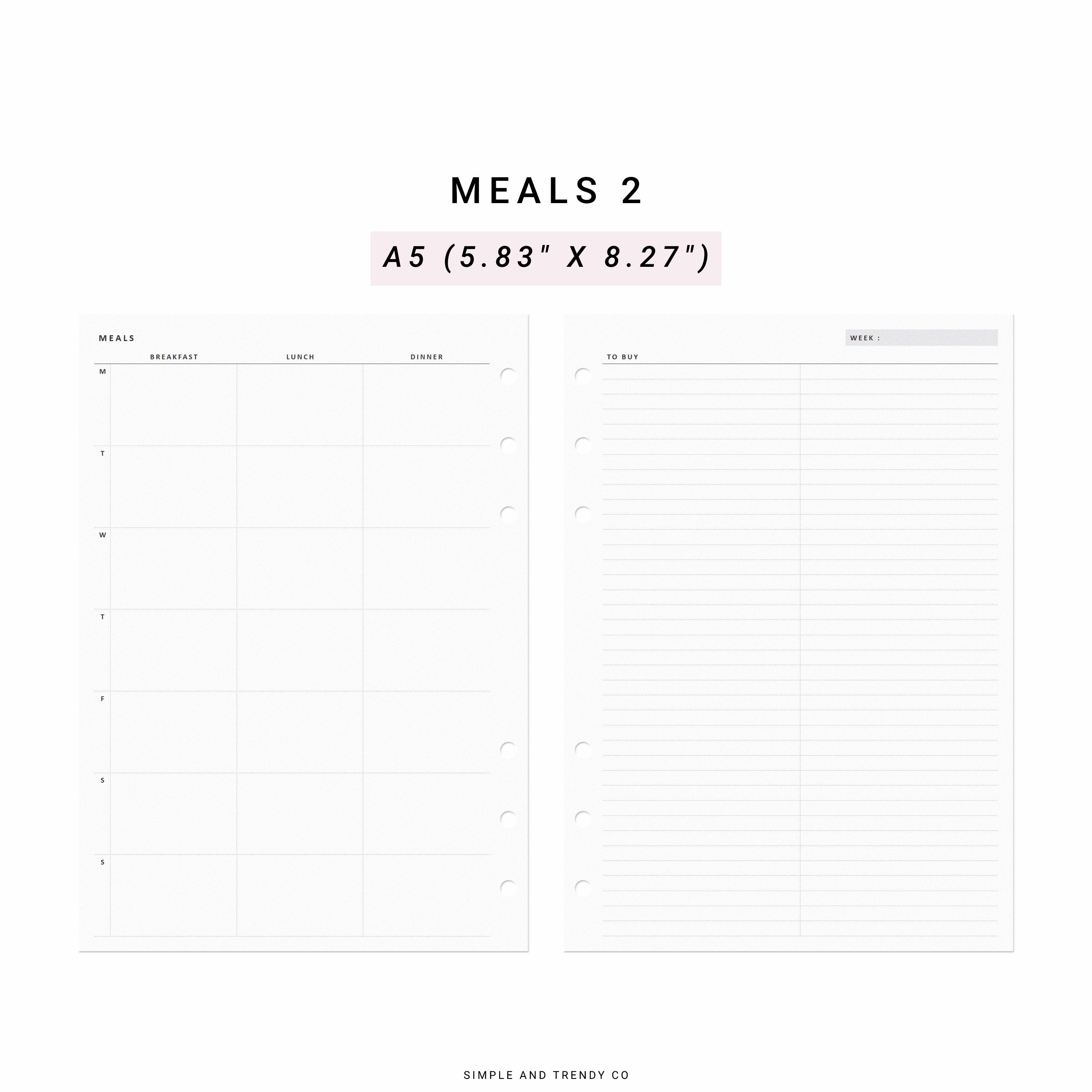 Meal Planner A5 Planner Inserts Weekly Meal Plan Template - Etsy