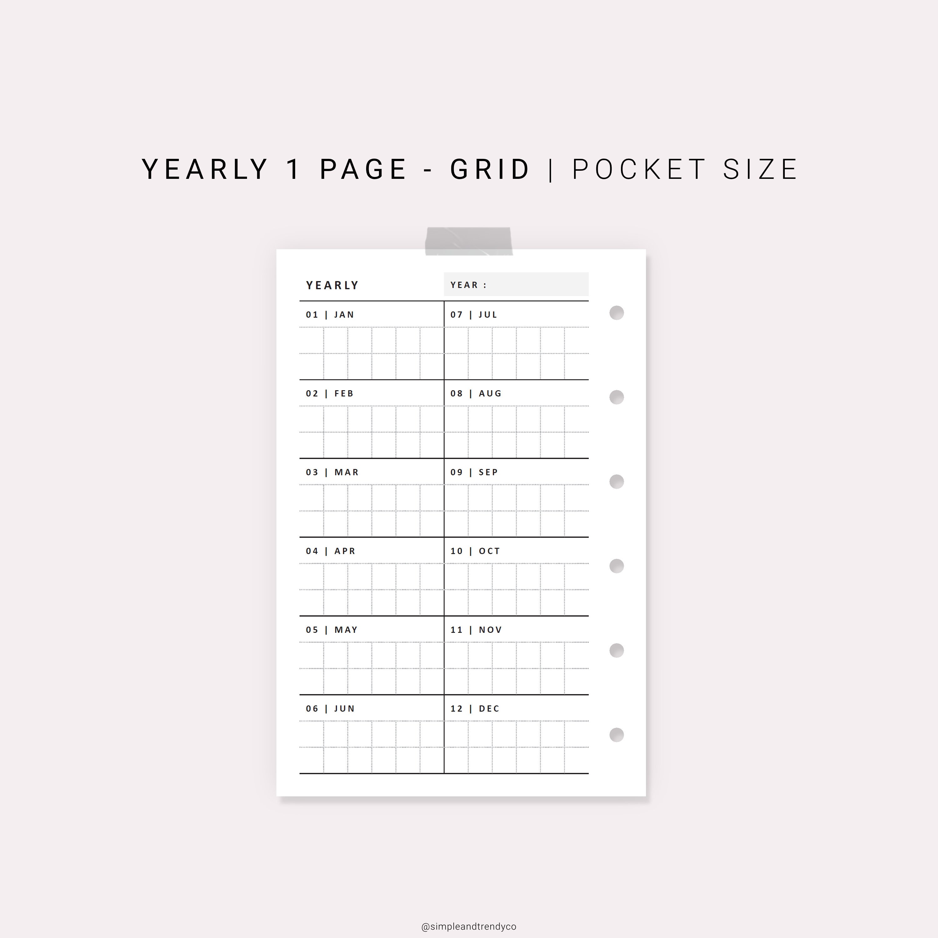 Year At A Glance Pocket size Yearly 1 Page Yearly Planner | Etsy