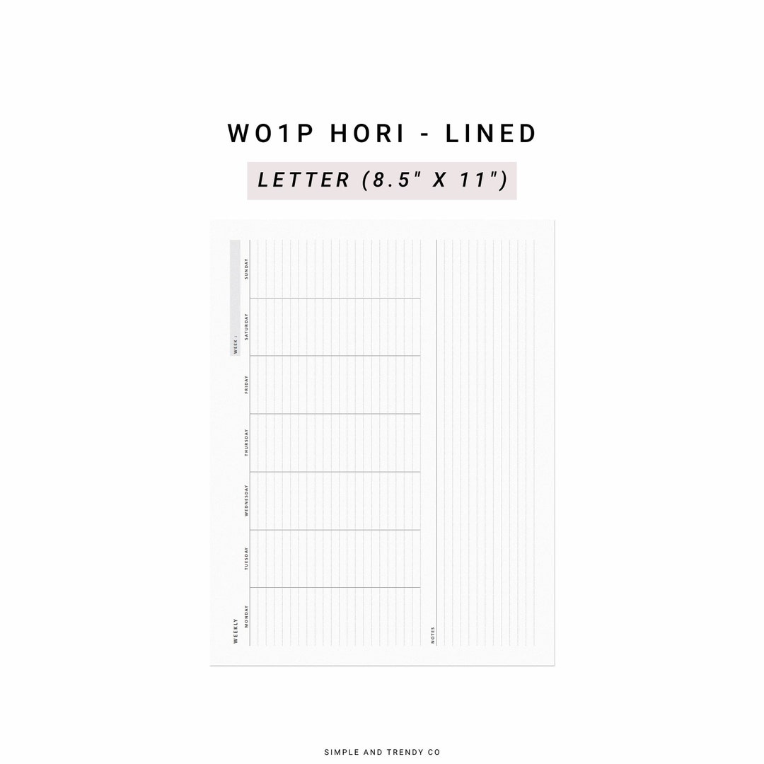Week on 1 Page WO1P Horizontal Weekly Planner Printable US Letter Size ...
