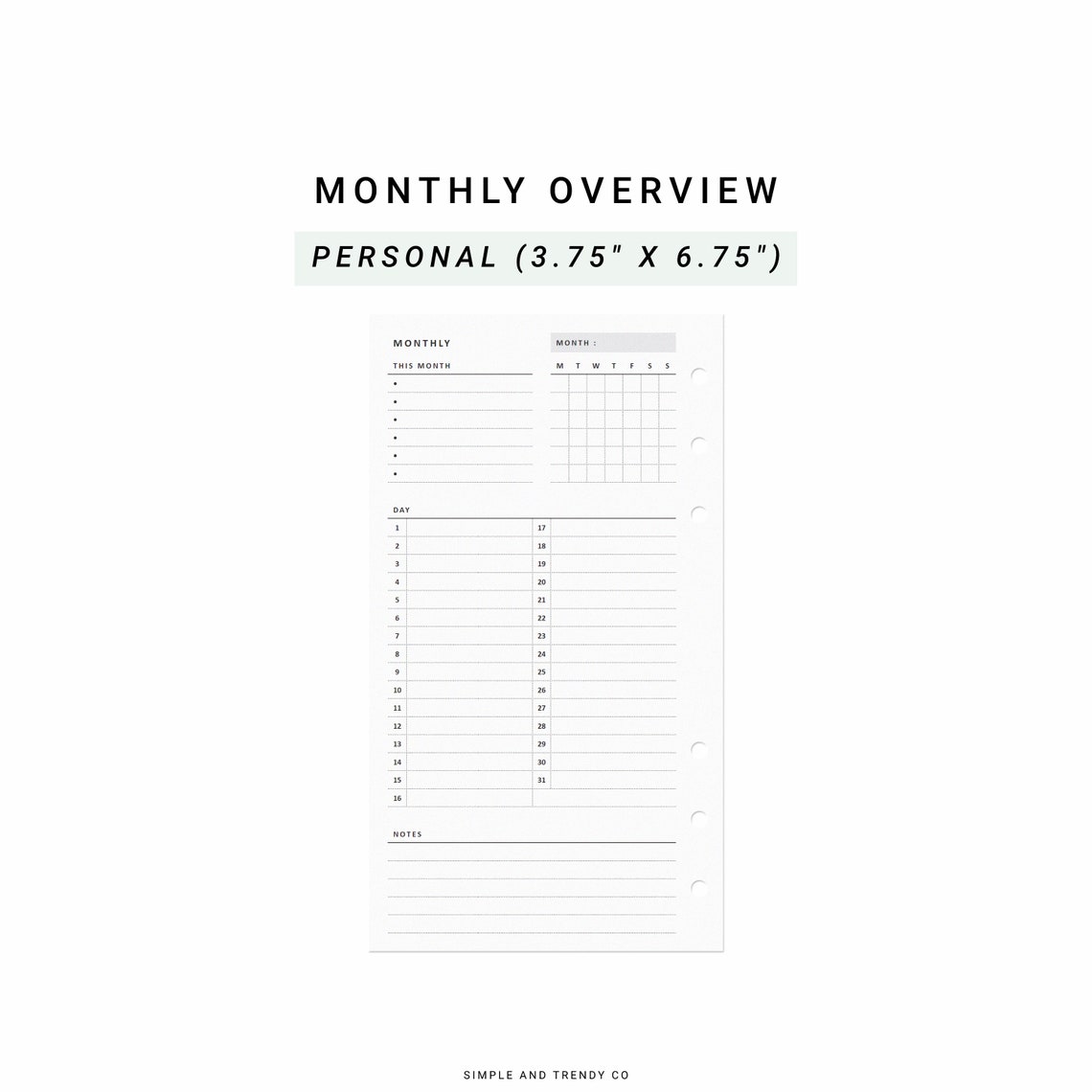 Monthly Overview Printable Personal Planner Inserts Month on - Etsy