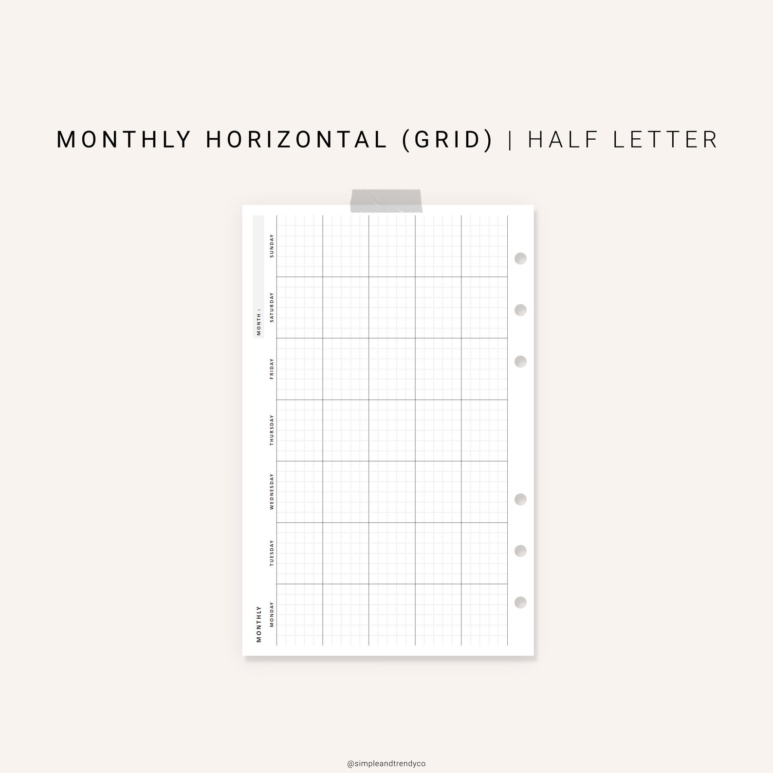 Month on One Page Horizontal Printable MO1P Half Size Half | Etsy
