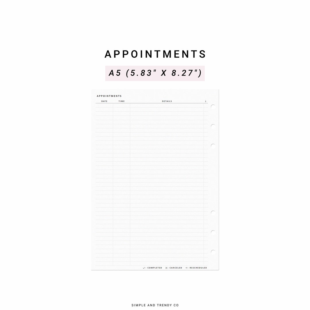 Appointments A5 Planner Inserts, Appointment Printable, Appointment ...