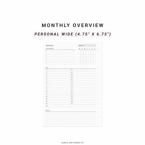 Monthly Overview Printable Personal Wide Month on a Page - Etsy