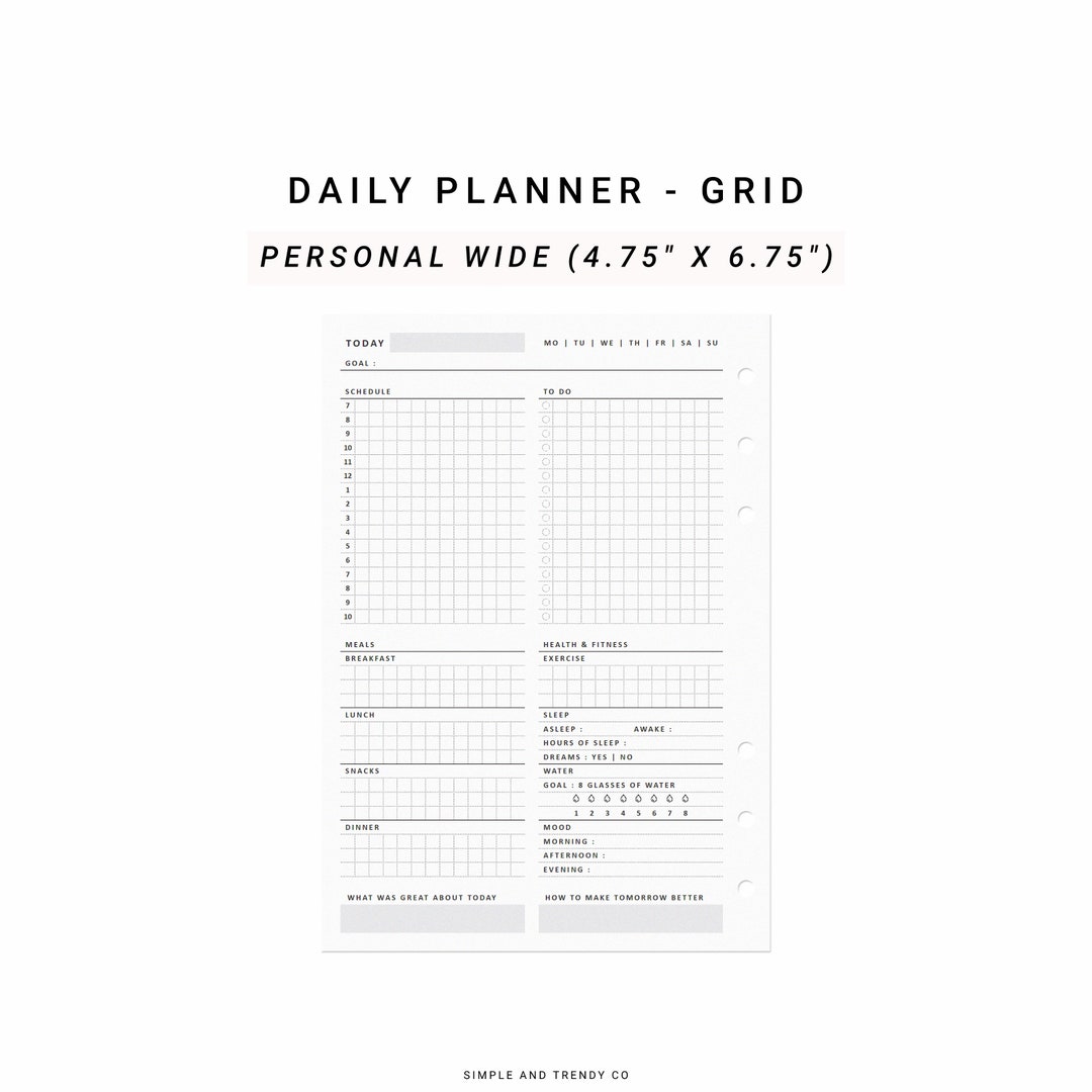 Daily Planner Personal Wide Minimalist Printable, Day Planner ...