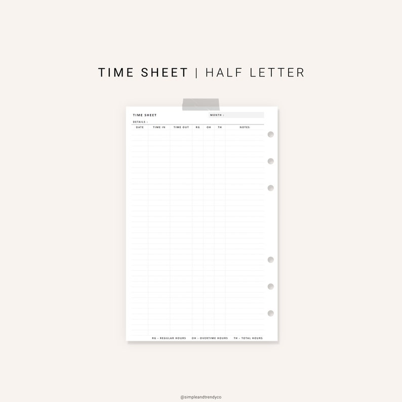 Time Sheet Log Printable Half Size Half Letter Inserts Time | Etsy