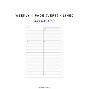 Week on One Page Printable B6 Inserts, Weekly 1 Page Vertical Weekly ...