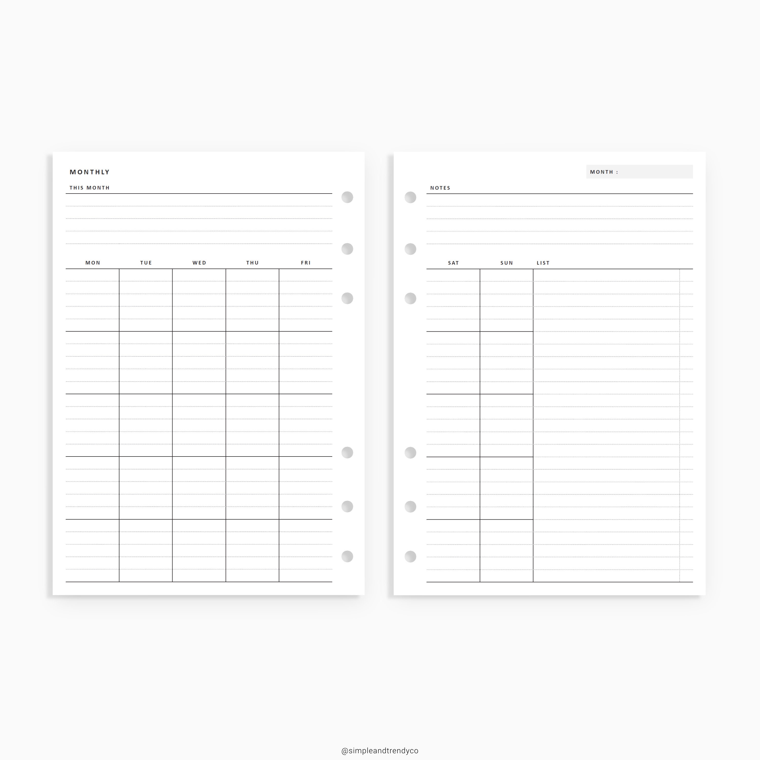 Monthly Planner Personal Wide Printable Monthly Notes | Etsy