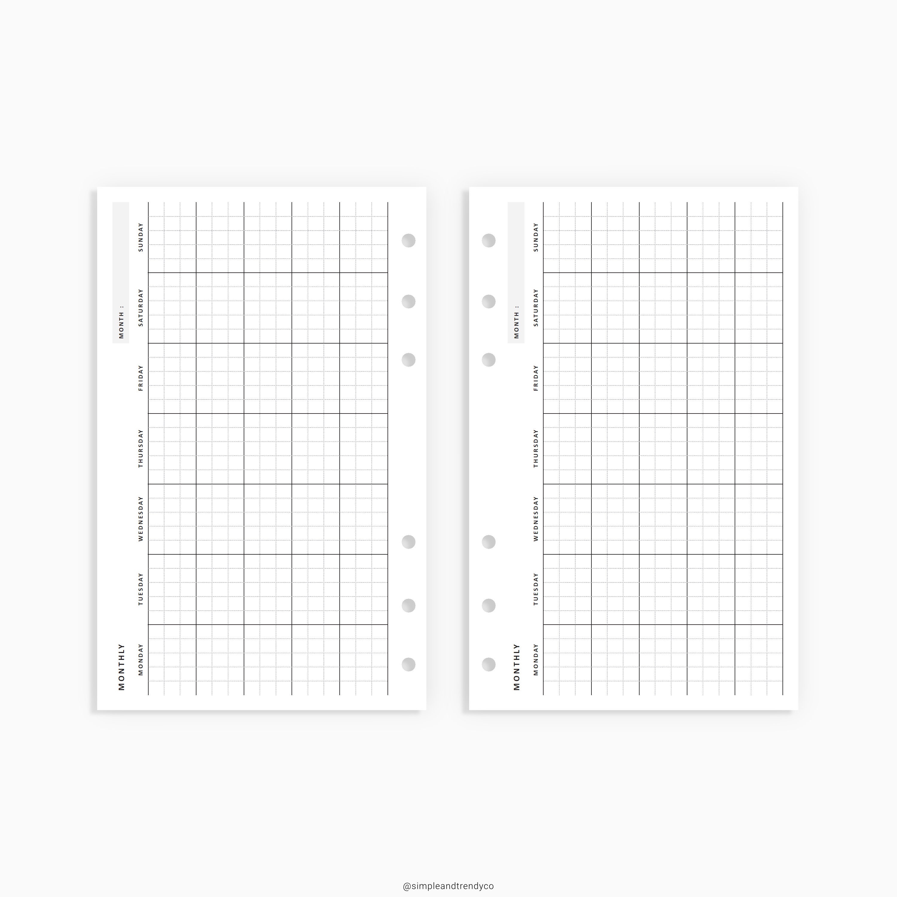 Month on One Page Horizontal Printable MO1P FC Compact | Etsy