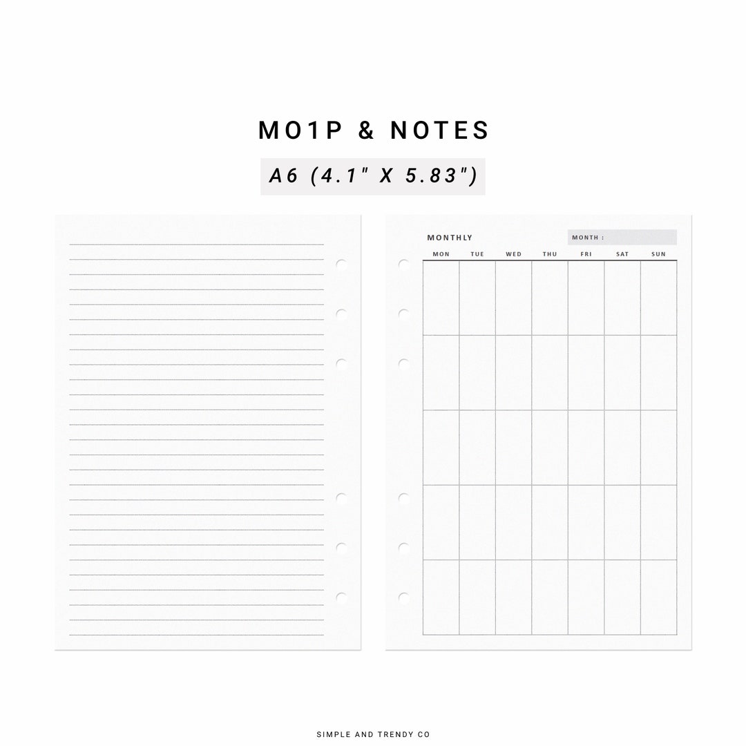 Month on One Page Lined Notes MO1P A6 Inserts, Undated Monthly Planner ...
