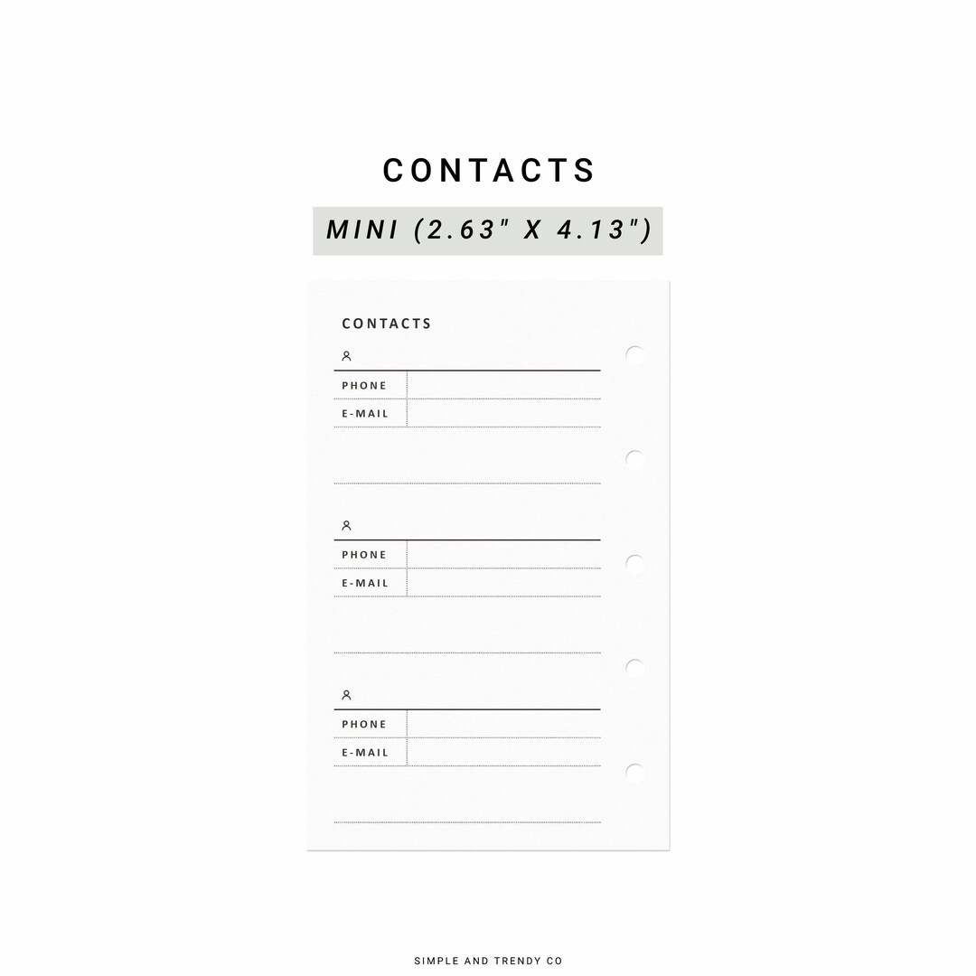 Printable Contacts List Mini Size, Filofax Mini, Emergency Contacts ...