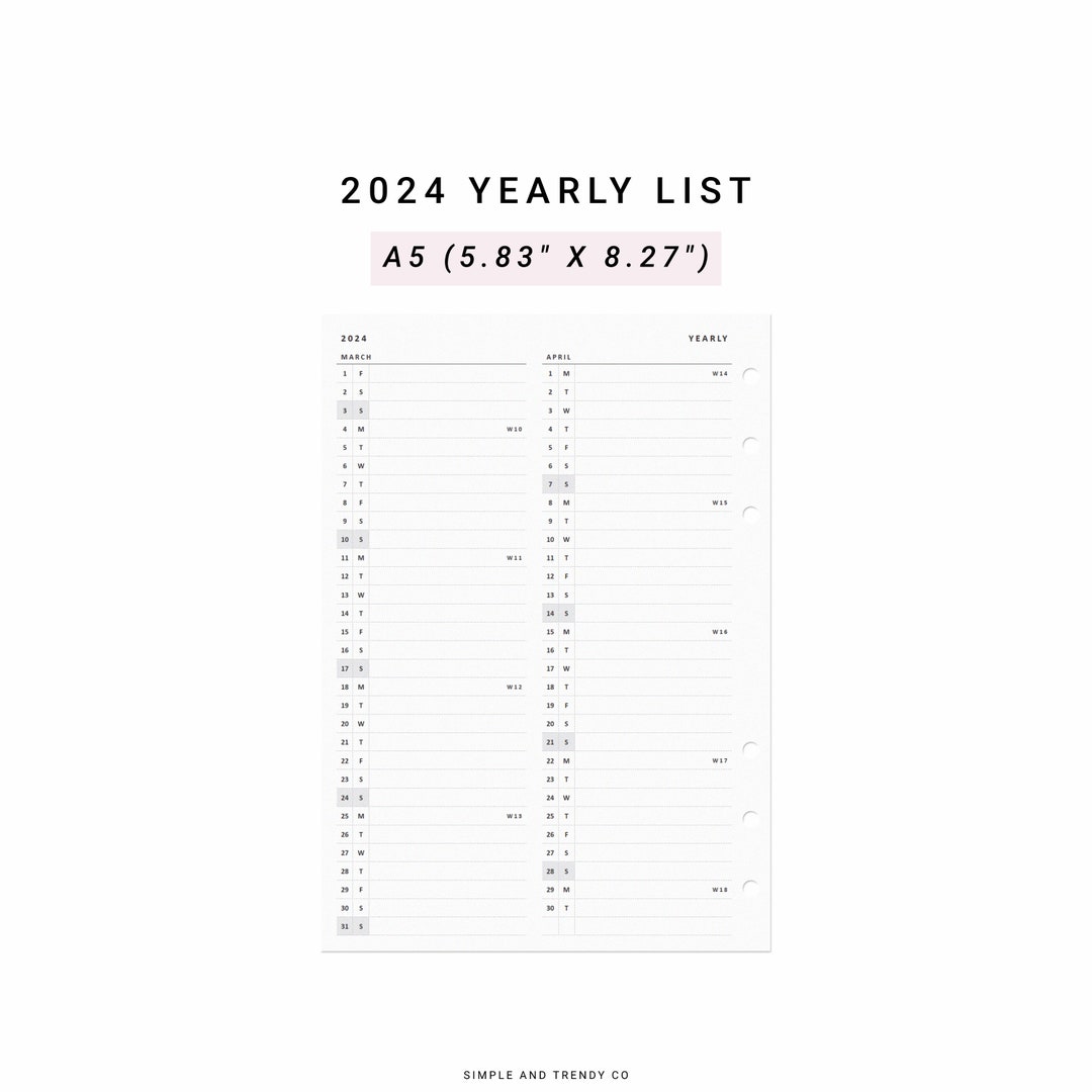 2024 Yearly Planner, A5 Planner Inserts, Printable Yearly List, Yearly ...