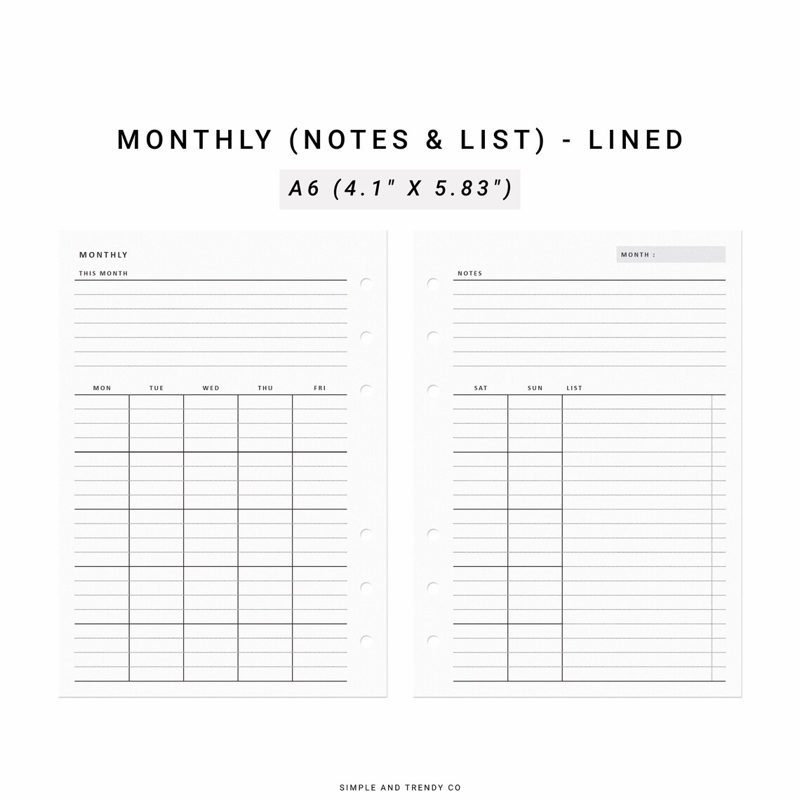 Monthly Planner A6 Inserts Printable Monthly Notes Monthly - Etsy