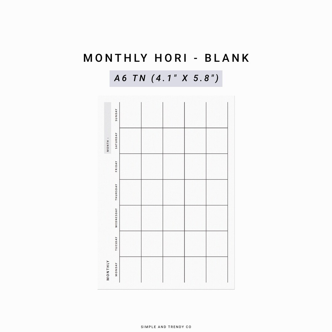 Month on One Page Horizontal Printable MO1P A6 TN - Etsy