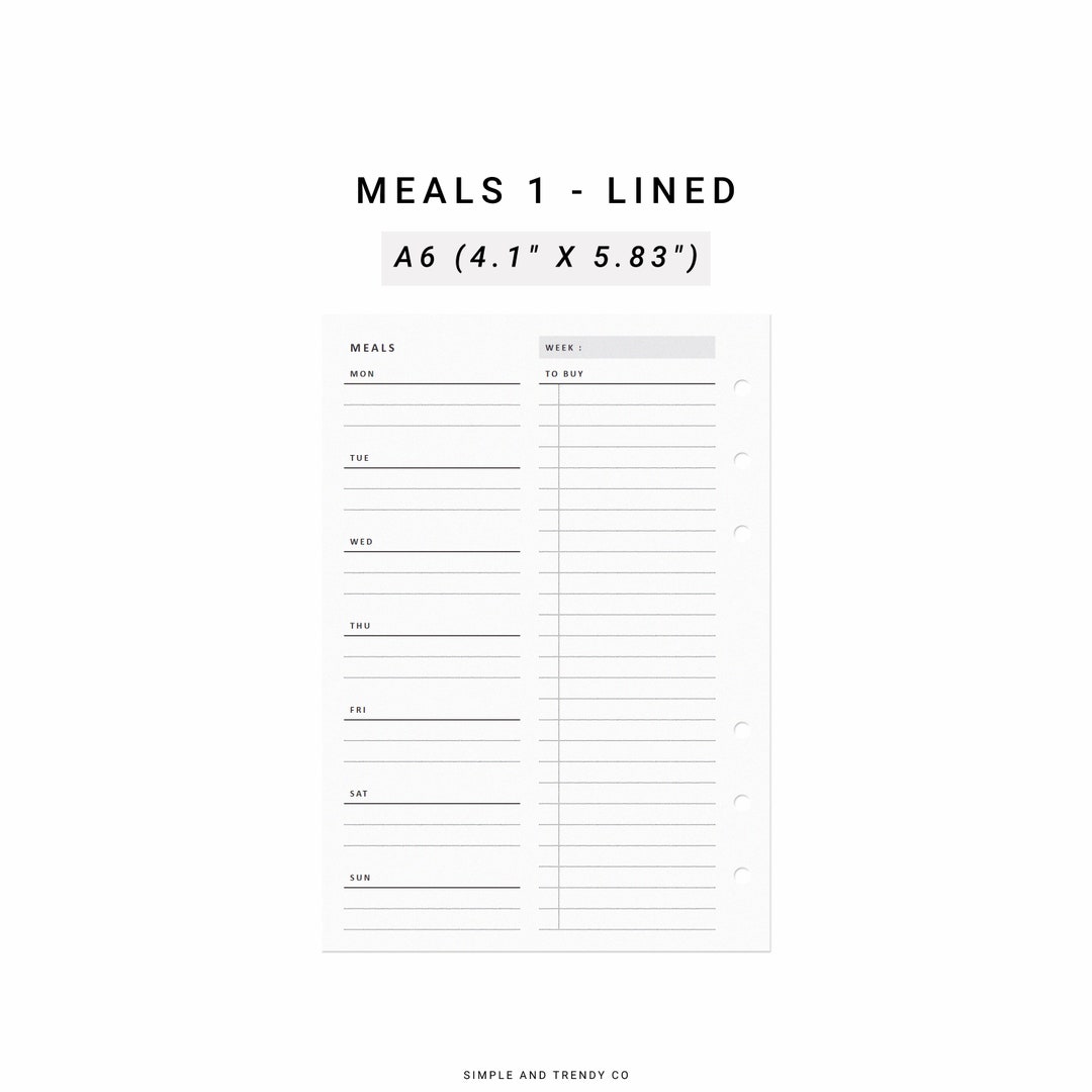 Meal Planner A6 Inserts, Weekly Meal Plan Template Printable, Grocery ...