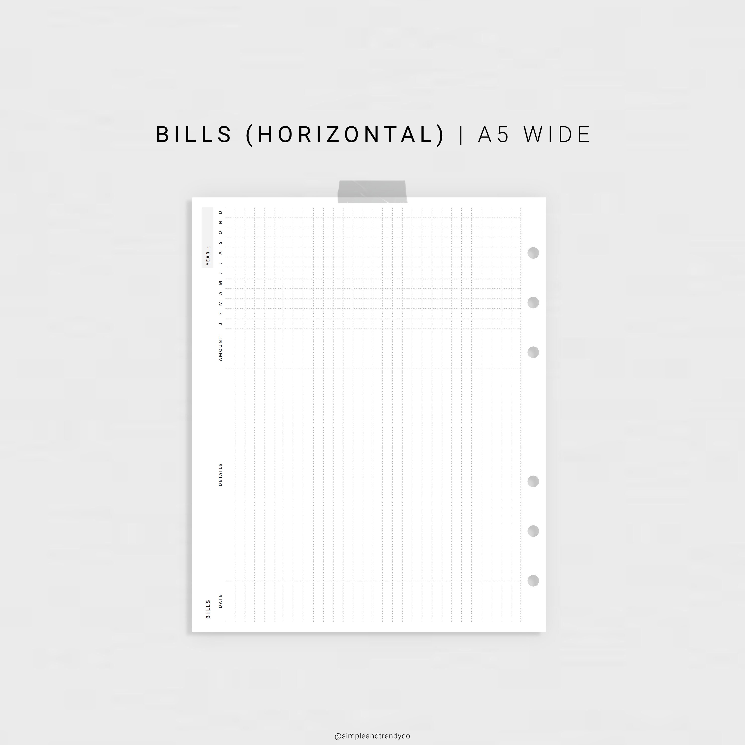 A5 Wide Bill Tracker Horizontal Printable Monthly Bill | Etsy