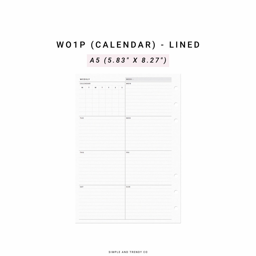 Week on One Page Printable A5 Planner Inserts, Weekly 1 Page Vertical ...