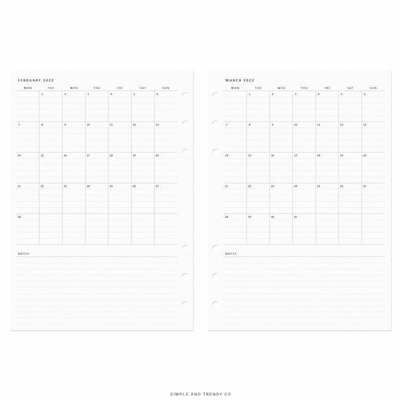 2022 Month on One Page MO1P A5 Planner Inserts Minimalist - Etsy