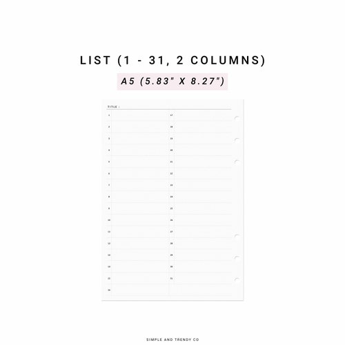 Monthly List 2 Column A5 Planner Inserts Printable Month on 1 - Etsy