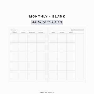 Monthly Planner Printable Minimalist Planner A6 TN, Undated Month on ...