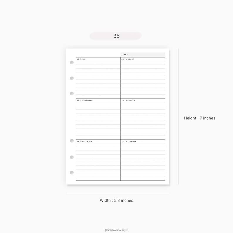 Year at A Glance B6 Inserts Yearly Planner Printable Yearly | Etsy