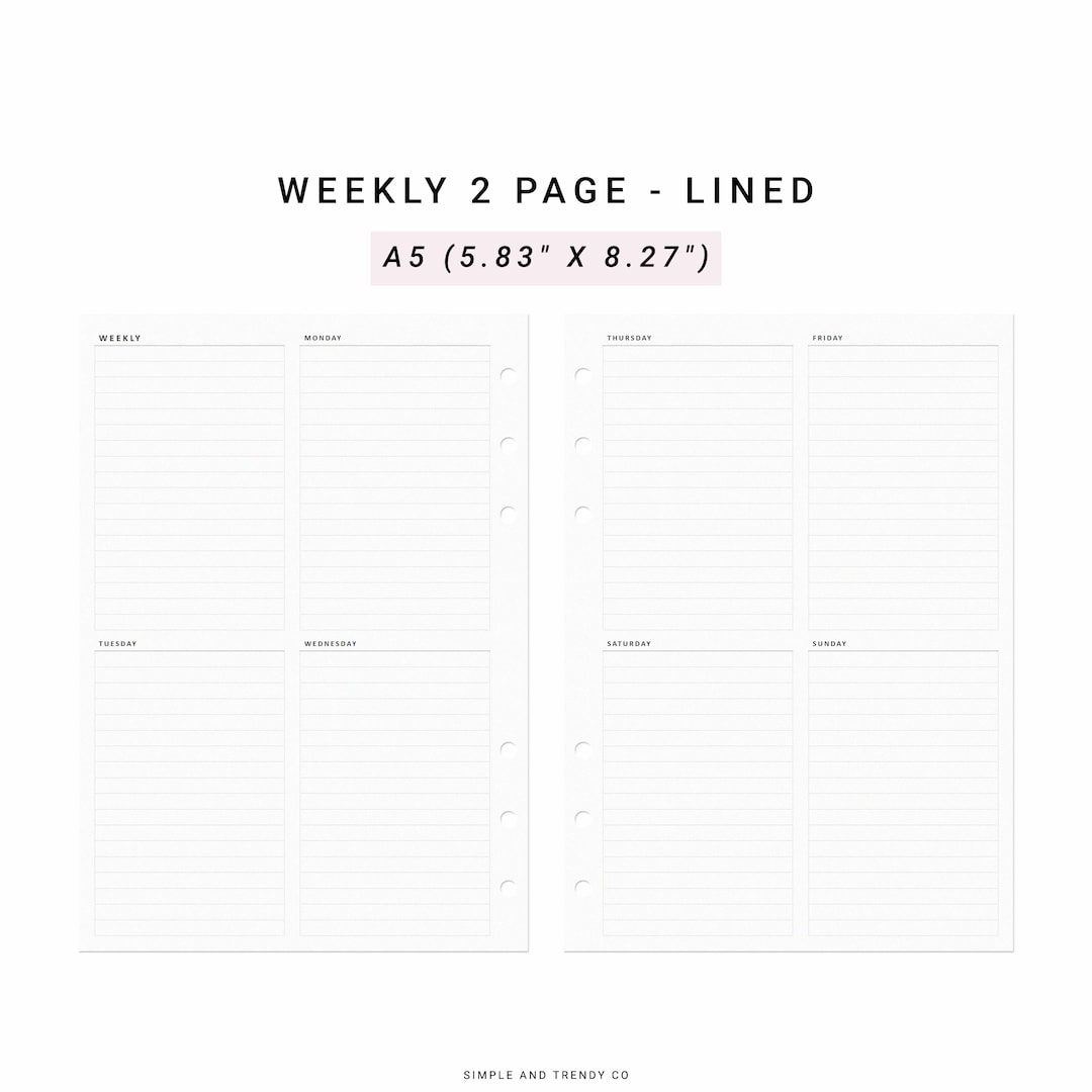 Week on 2 Two Pages A5 Planner Inserts , Weekly Agenda Vertical Weekly ...
