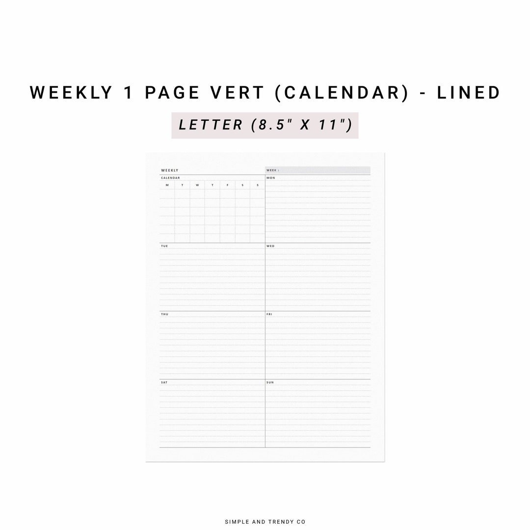 Week on One Page Printable US Letter Size, Weekly 1 Page Vertical ...
