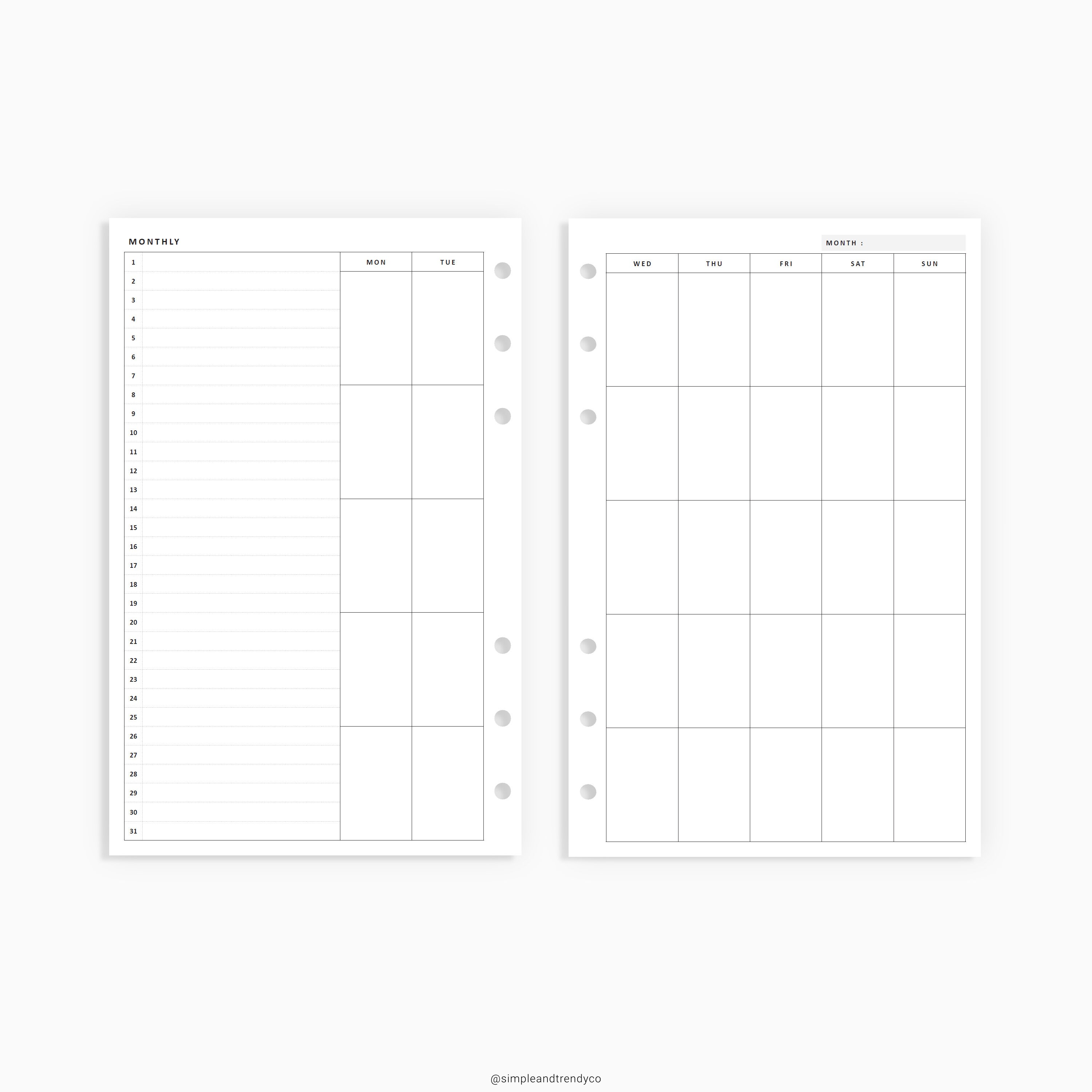 Monthly Planner Printable Half Size Half Letter Inserts | Etsy