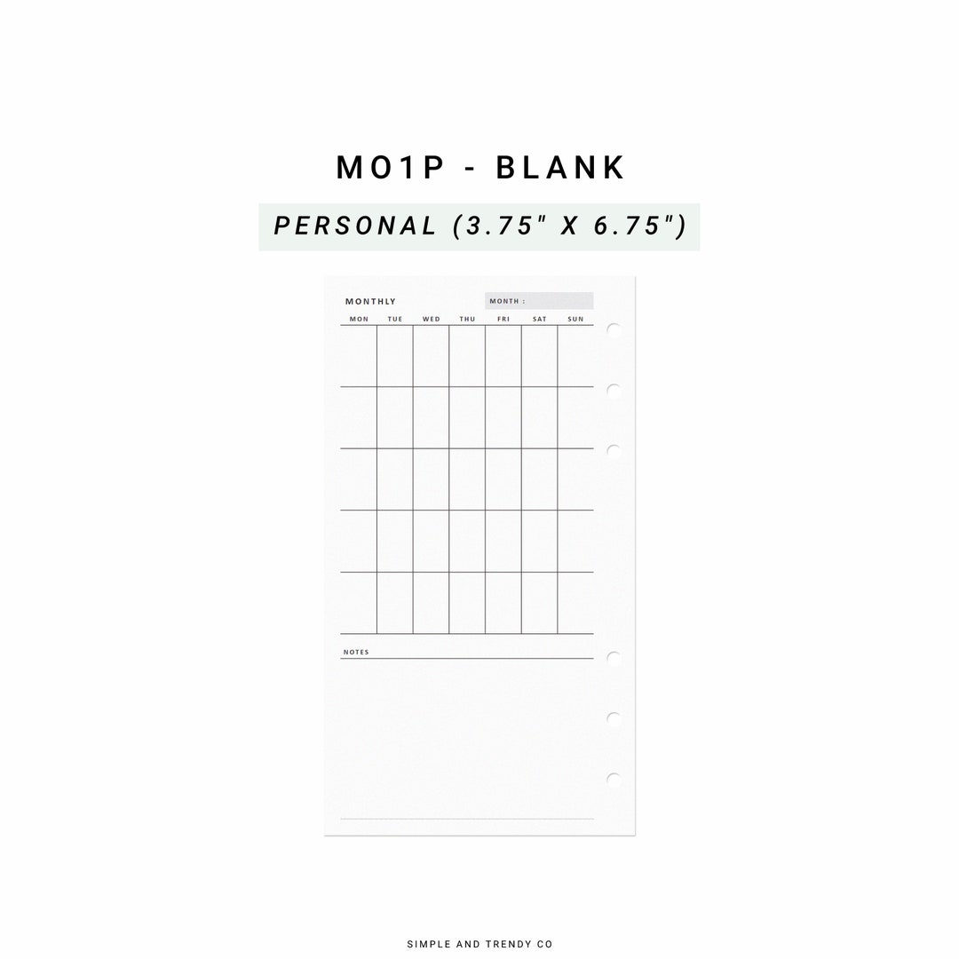 Month on One Page MO1P Personal Planner Inserts, Undated Monthly ...