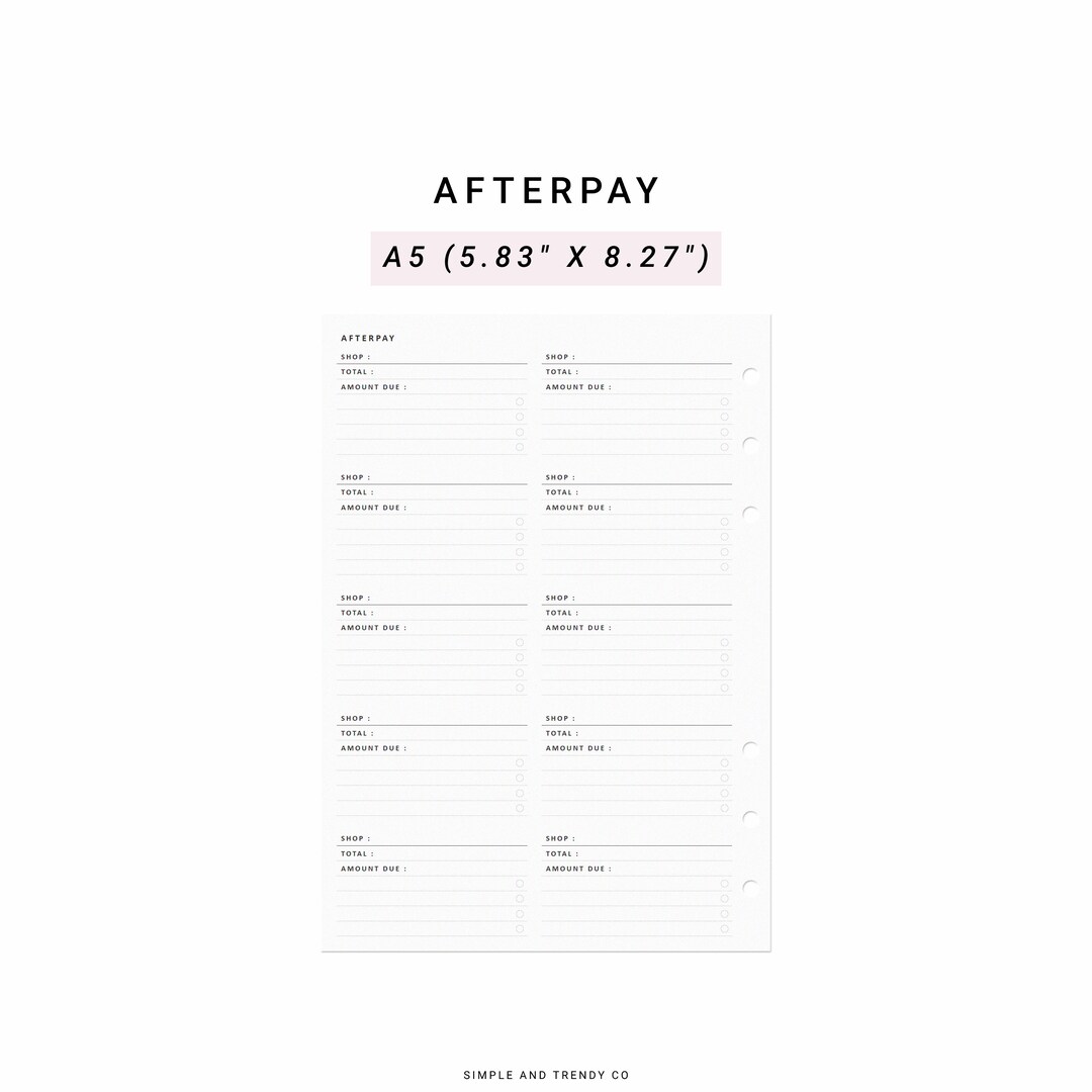 Afterpay Tracker A5 Planner Inserts, Printable Afterpay Payment Tracker - Etsy