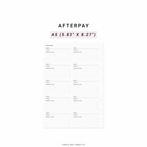 Afterpay Tracker A5 Planner Inserts, Printable Afterpay Payment Tracker ...