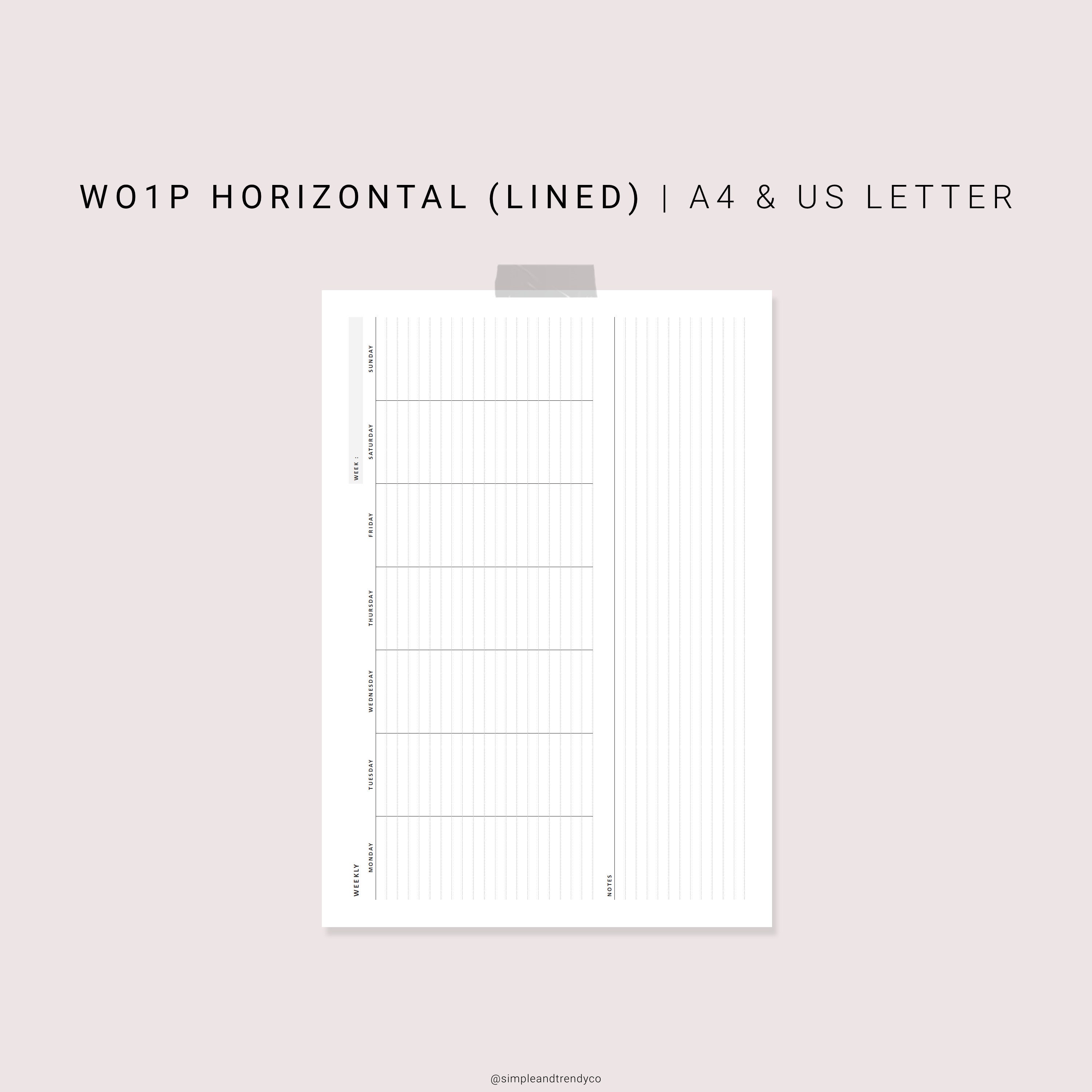 Week on 1 Page WO1P Horizontal Weekly Planner Printable A4 US | Etsy