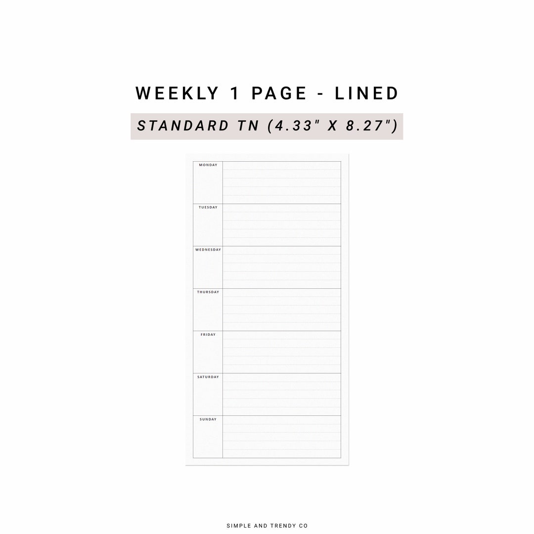 Week on One Page, Weekly Planner Pages, Printable TN Standard, Weekly ...